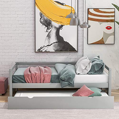 GLORHOME Twin Size Daybed Platform Sofa Bed Frame with Pull Out Trundle for Adults Kids Living Room Bedroom, No Box Spring Required, Grey