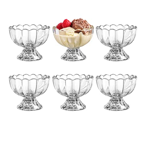 KMWARES 6PCs Set 5.6oz Small Cute Footed Tulip Glass Dessert Bowls/Cups - Perfect for Dessert, Sundae, Ice Cream, Fruit, Salad, Snack, Cocktail, Condiment, Trifle and Christmas Holiday Party (Clear)