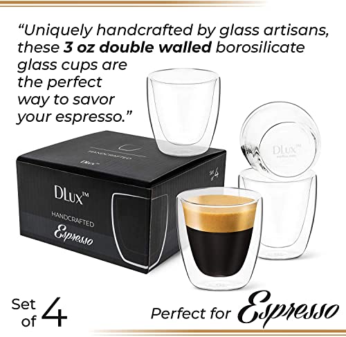DLux Espresso Coffee Cups 3oz, Double Wall, Clear Glass set of 4 Glasses, Insulated Borosilicate Glassware Tea Cup