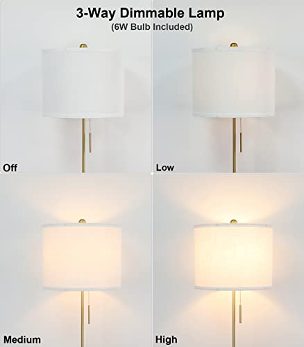 Floor Lamp for Living Room Adjustable Tall Standing Lamp, 3-Way Dimmable Floor Lamp for Bedroom Office, Black Gold Lamp with Marble Base and White Linen Shade, 6W 3000K LED Blub Included