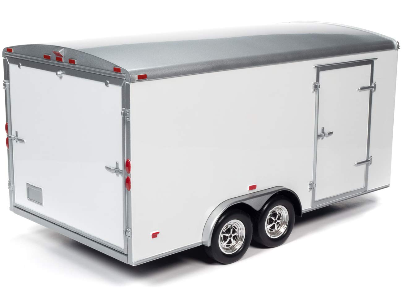 Four Wheel Enclosed Car Trailer White with Silver Top for 1/18 Scale Model Cars by Autoworld AMM1238
