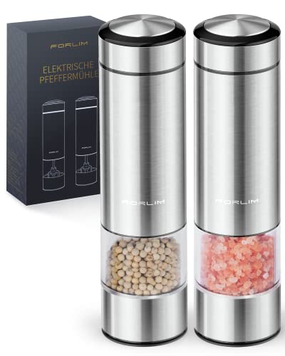 FORLIM Electric Salt and Pepper Grinder Set, Automatic Salt and Pepper Grinder Set, One Handed Operation Refillable Mill with Light, Adjustable Coarseness - 2 Mills