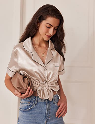 Ekouaer Satin Nightwear Women's Short Sleeve Silk Sleepwear Soft Button Down Loungewear Pjs Set(Champagne,X-Large)