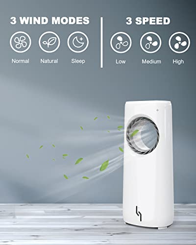 Evaporative Air Cooler Portable 3 Modes, Cooling Fan Humidification with Remote Control Bladeless Tower Fan 3 Wind Speeds, 60° Oscillation, 7.5H Timer, for Bedroom Living Rooms Office