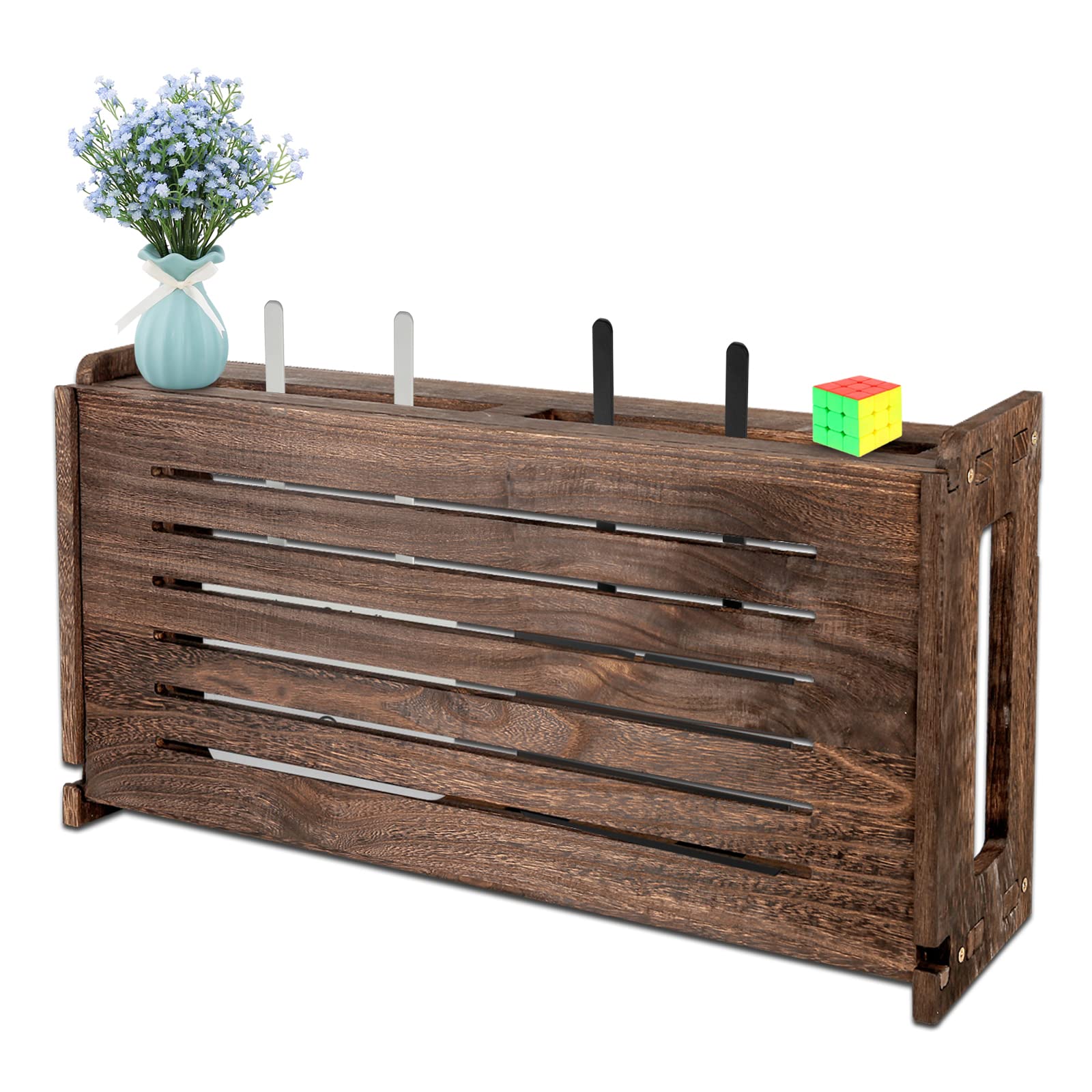 BEARUT Wooden Router Shelf Wall Mount WiFi Router Storage Box Modem Cable Router Cover Organized Power Strip Cable Management Hider Rack Need Assembly 20.9 * 9.8 * 5.4 in (L* H * D)