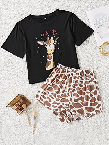 DIDK Women's Cartoon Graphic Print Tee and Shorts Two Pieces PJ Pajama Set Giraffe Black XS