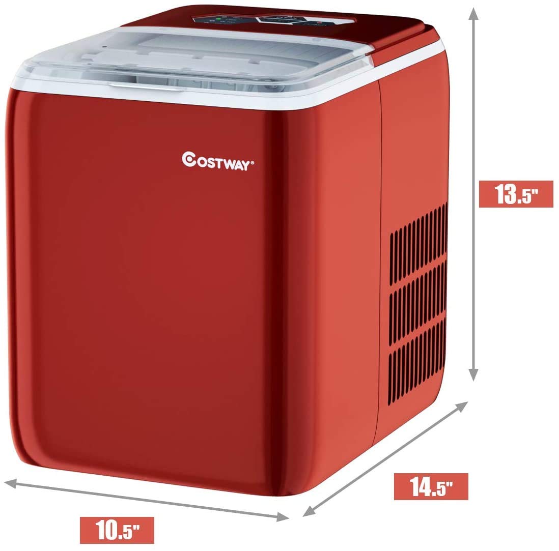 COSTWAY Ice Maker Countertop with Self-cleaning Function, Make 44 Lbs Ice in 24 Hours, Ice Cubes Ready in 8.5 Mins, Ideal for Bar Home and Office, Portable Ice Machine with Ice Scoop and Basket, Red