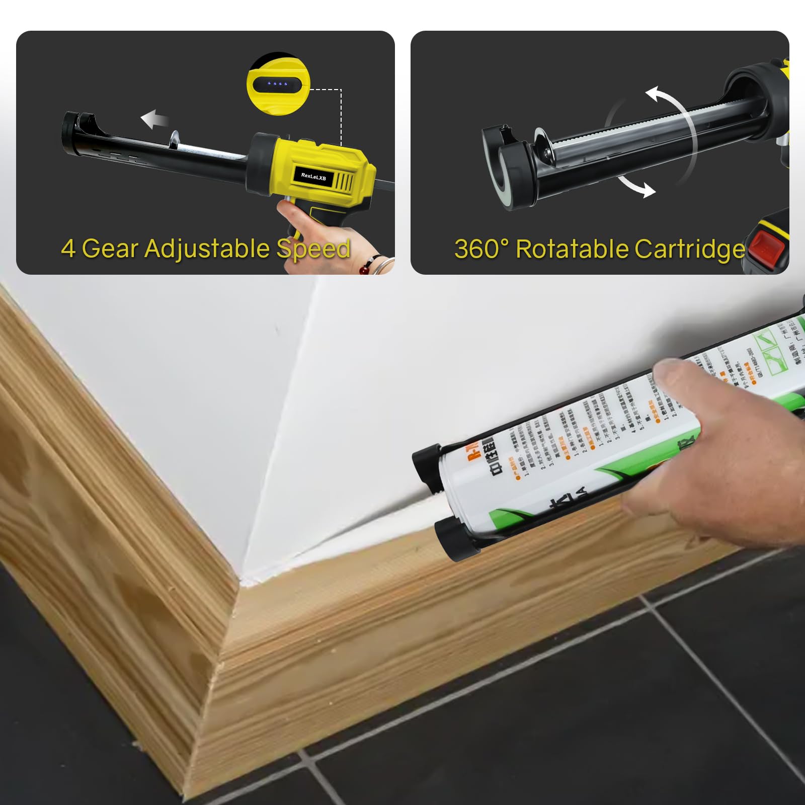 Cordless Caulking Gun for DeWALT 20V Battery, Electric Caulk Adhesive Gun with 450lm LED Light, 4 Adjustable Speeds, Drip-free Caulk Gun, 10oz/300ml Caulking Tool for Filling, Sealing(No Battery)