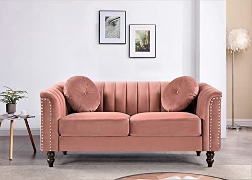 Container Direct Mid-Century Modern Velvet Sofa Chesterfield Inspired Luxury 2 Piece Set for Living Room with Removable Cushions and Turned Wood Legs, Loveseat, Couch, Rose