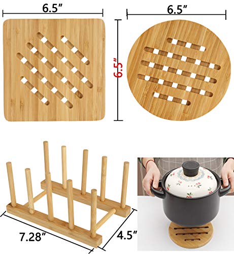 Lawei 8 Pack Bamboo Trivets with Dish Rack - Bamboo Trivet Mat Bamboo Hot Pads Trivet for Hot Dishes, Pot, Bowl, Teapot