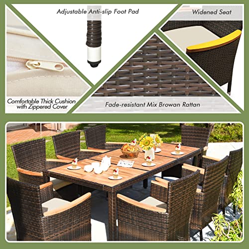 GLACER 9 Pieces Outdoor Patio Dining Set, 75" Large Acacia Wood Wicker Dining Table & Stackable Cushioned Chair Set, Rattan Dining Furniture Set for Backyard, Garden, Poolside, Patio Dining Set for 8