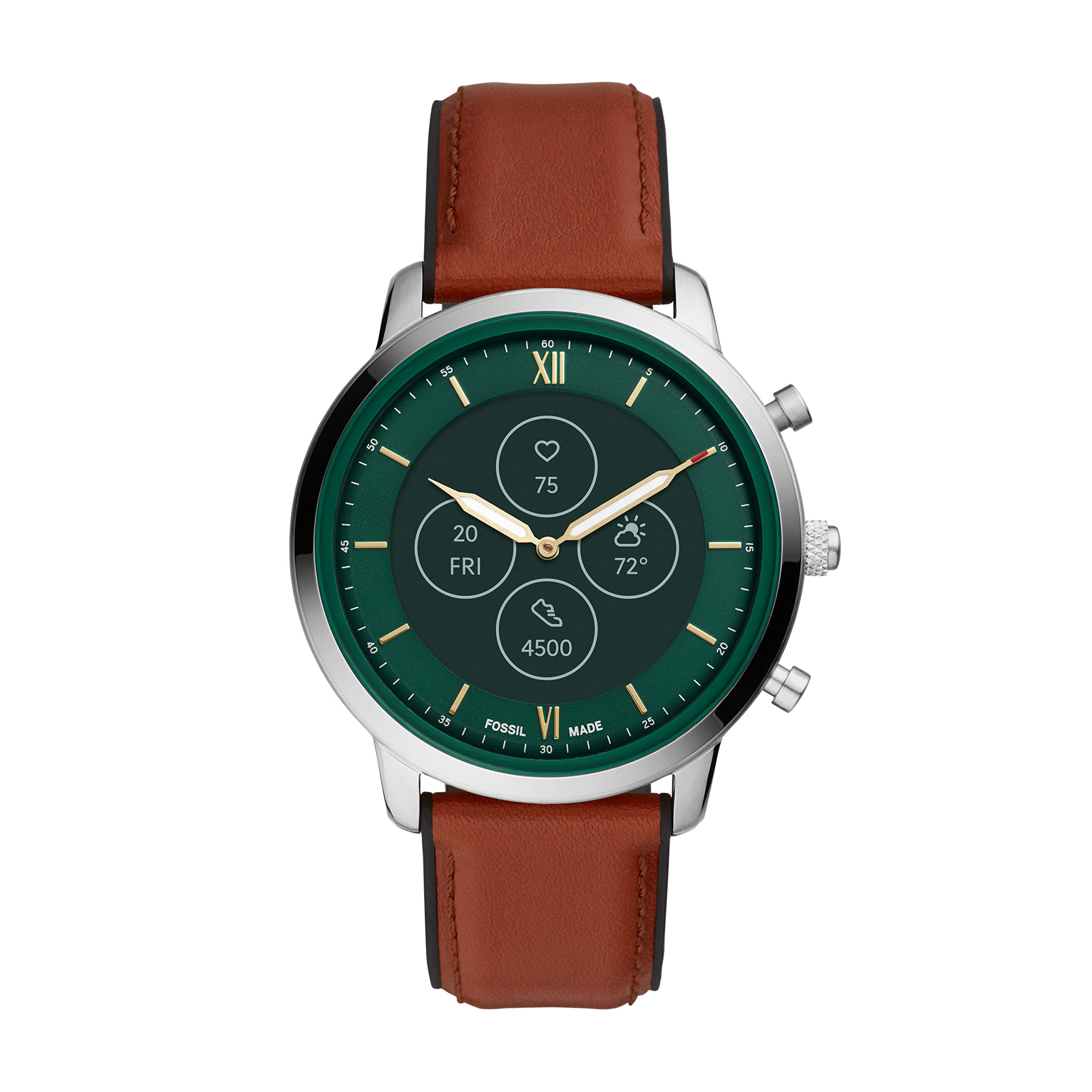 Fossil Men's 45mm Neutra Stainless Steel and Leather Hybrid HR Smart Watch, Color: Silver, Luggage Brown (Model: FTW7026)