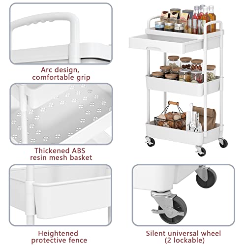 Dttwacoyh 3-Tier Rolling Cart,Trolley with Drawer, Multifunctional Storage Organizer with Plastic Shelf & Metal Wheels, Kitchen Storage Cart for Living Room, Kitchen, Office, Bathroom, White