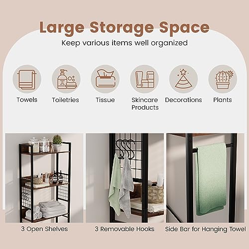 Giantex Over-The-Toilet Storage Shelf, 3-Tier Bathroom Space Saver with 3 Hooks, Industrial Tower Rack for Restroom, Kitchen, Freestanding Bathroom Organizer (Rustic Brown)