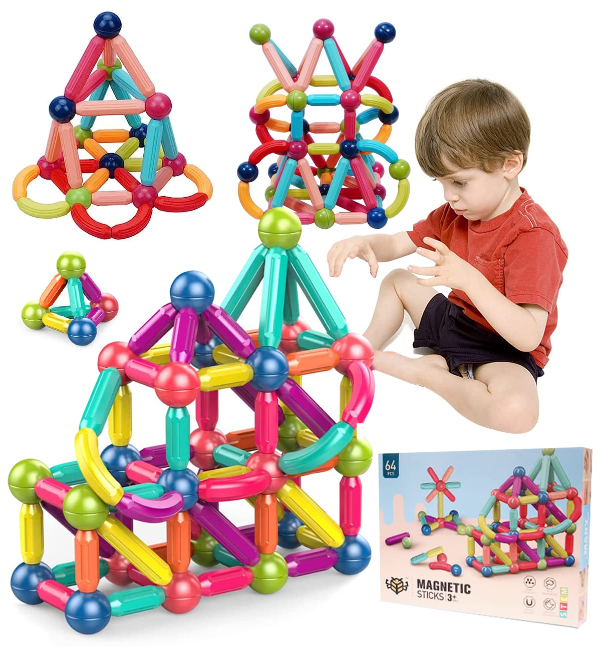 ROPECUBE 64 PCS Magnetic Balls and Rods Building Sticks Blocks Set, Children's Magnetic Building Blocks, 3D Magnetic Building Puzzle Toys. STEM Montessori Preschool Toys for Boys & Girls 3+