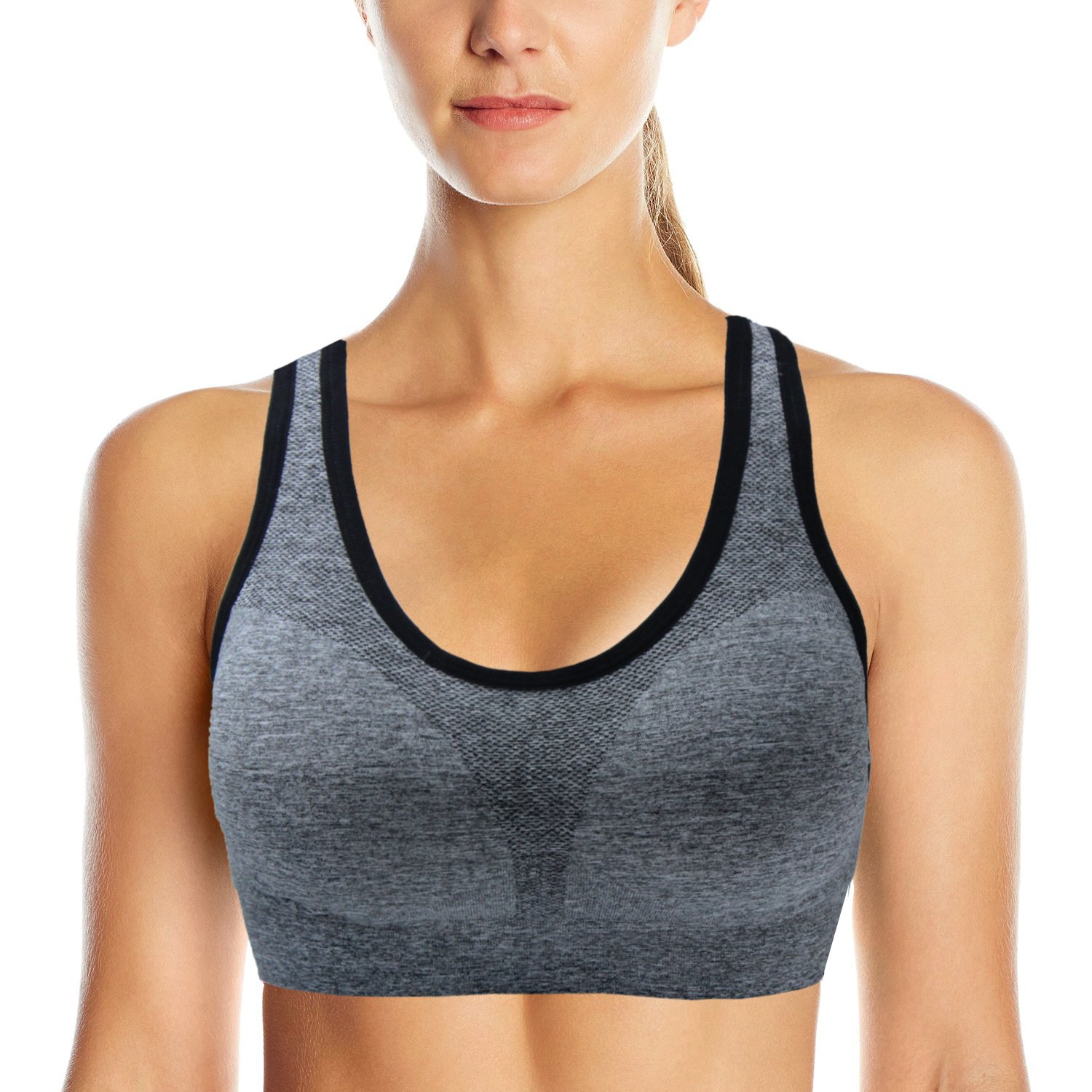AKAMC Women's Medium Support Cross Back Wirefree Removable Cups Yoga Sport Bras, Pack of 3, Black/White/Grey,Large