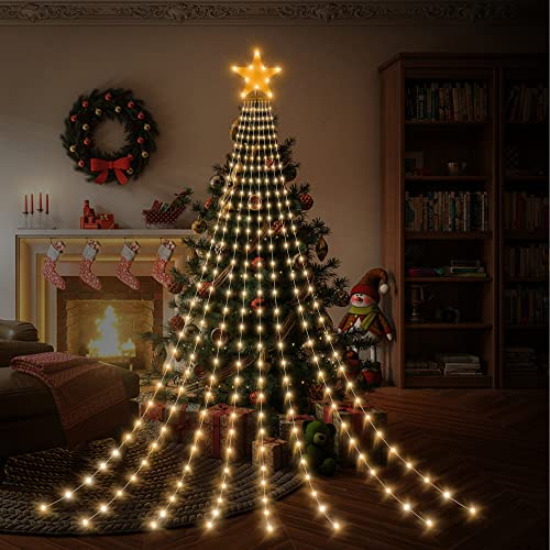Ghope 298 LED 11.5ft Christmas Decorations Waterfall Lights,8 Modes Timer IP44 Waterproof Christmas Light,Tree Lights with Star Topper,Hanging Fairy Twinkle Lights for Holiday, Party, Wedding
