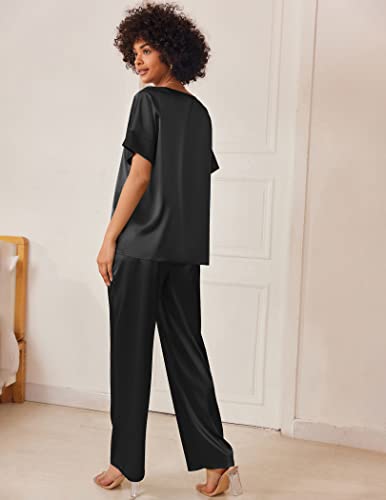 Ekouaer Women's Silk Pajama Short Sleeve Nightwear Satin V Neck Sleepwear Soft Long Pant Silky Sleep Set Black