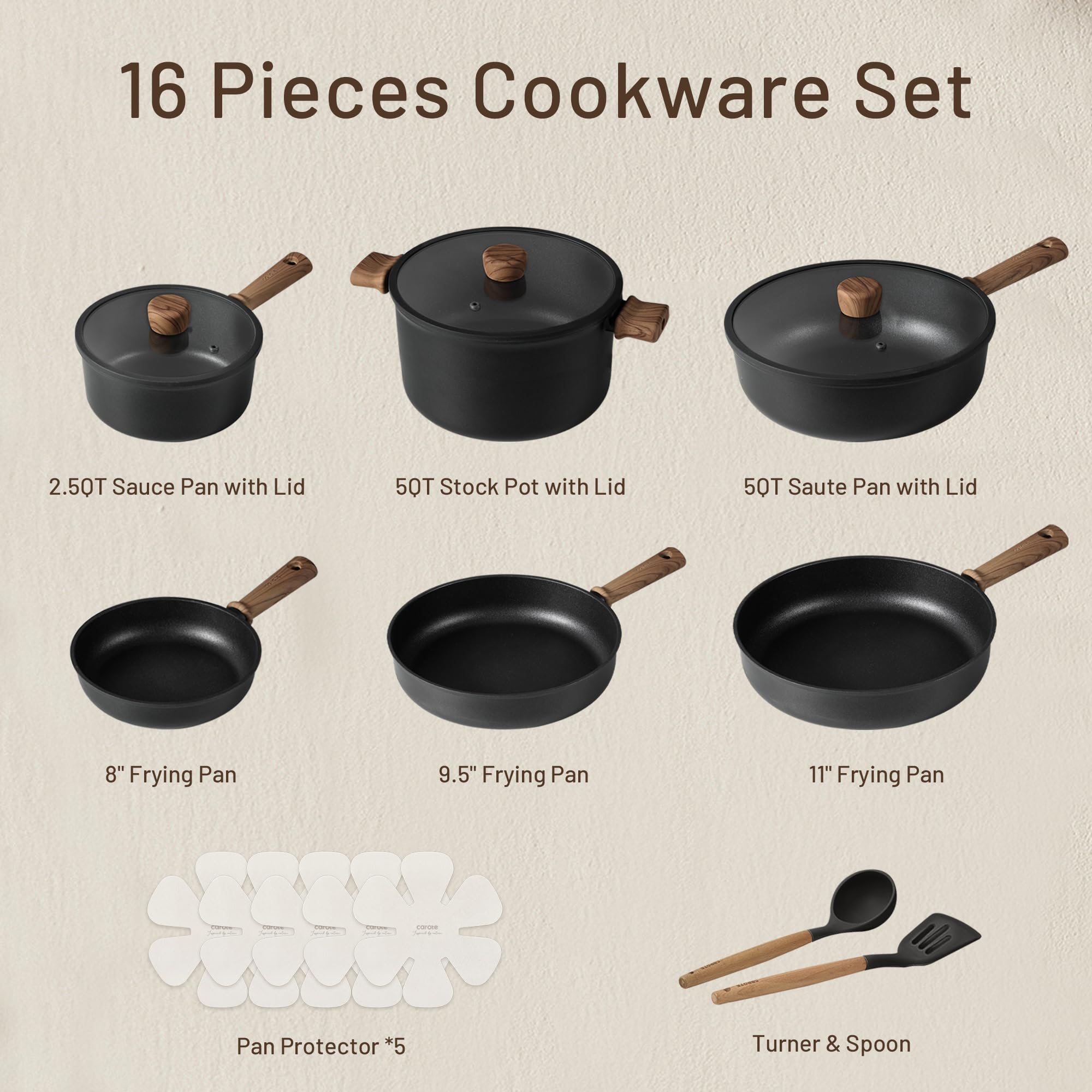 CAROTE 16pcs Pots and Pans Set Non Stick, Nonstick Kitchen Cookware Sets, Titanium Induction Cookware Sets with Stay-Cool Handle, Black