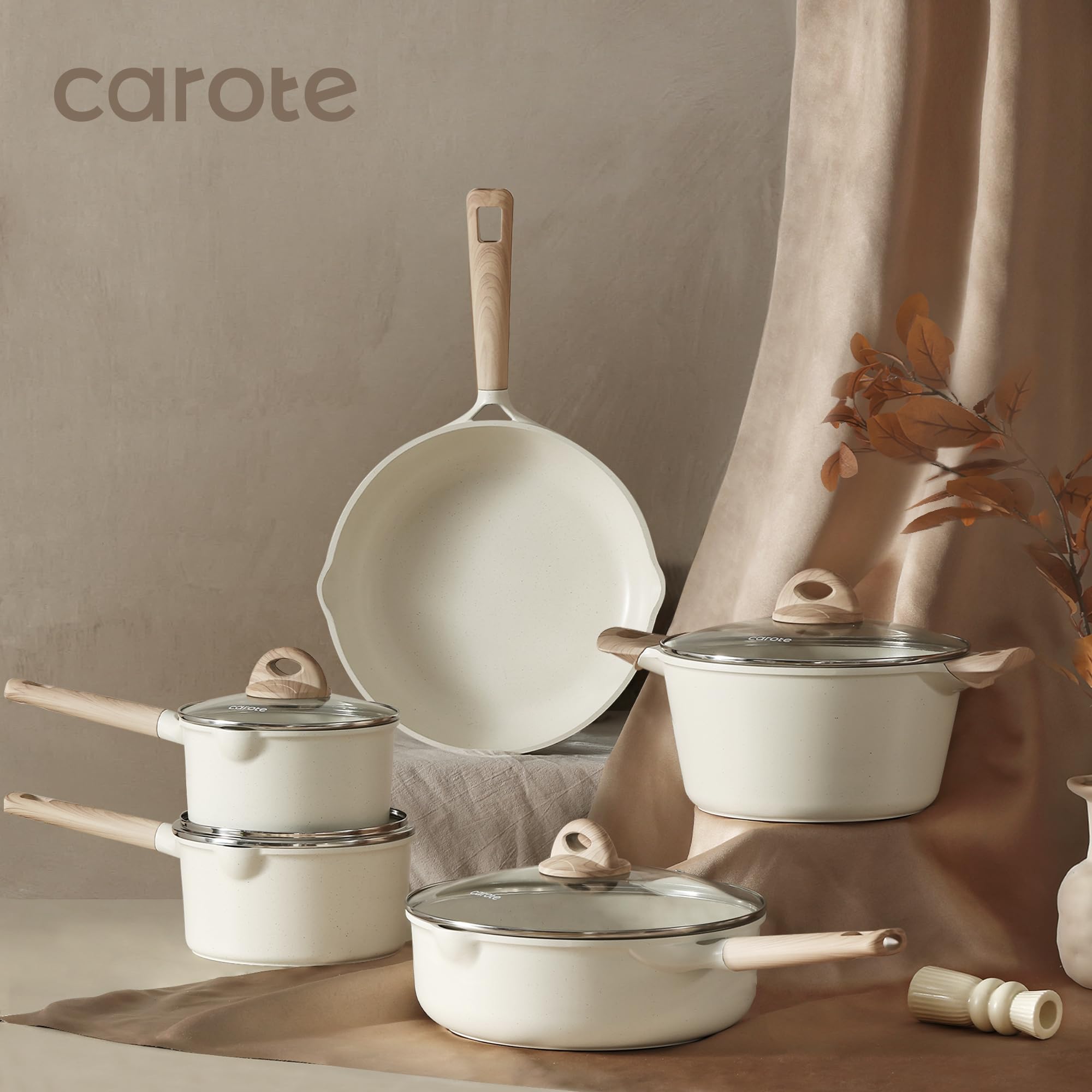 CAROTE 21pcs Pots and Pans Set Non Stick, Kitchen Cookware Sets, Easy to Clean Kitchen Induction Pots and Pans, Pot and Pan Sets for Cooking, Cream White