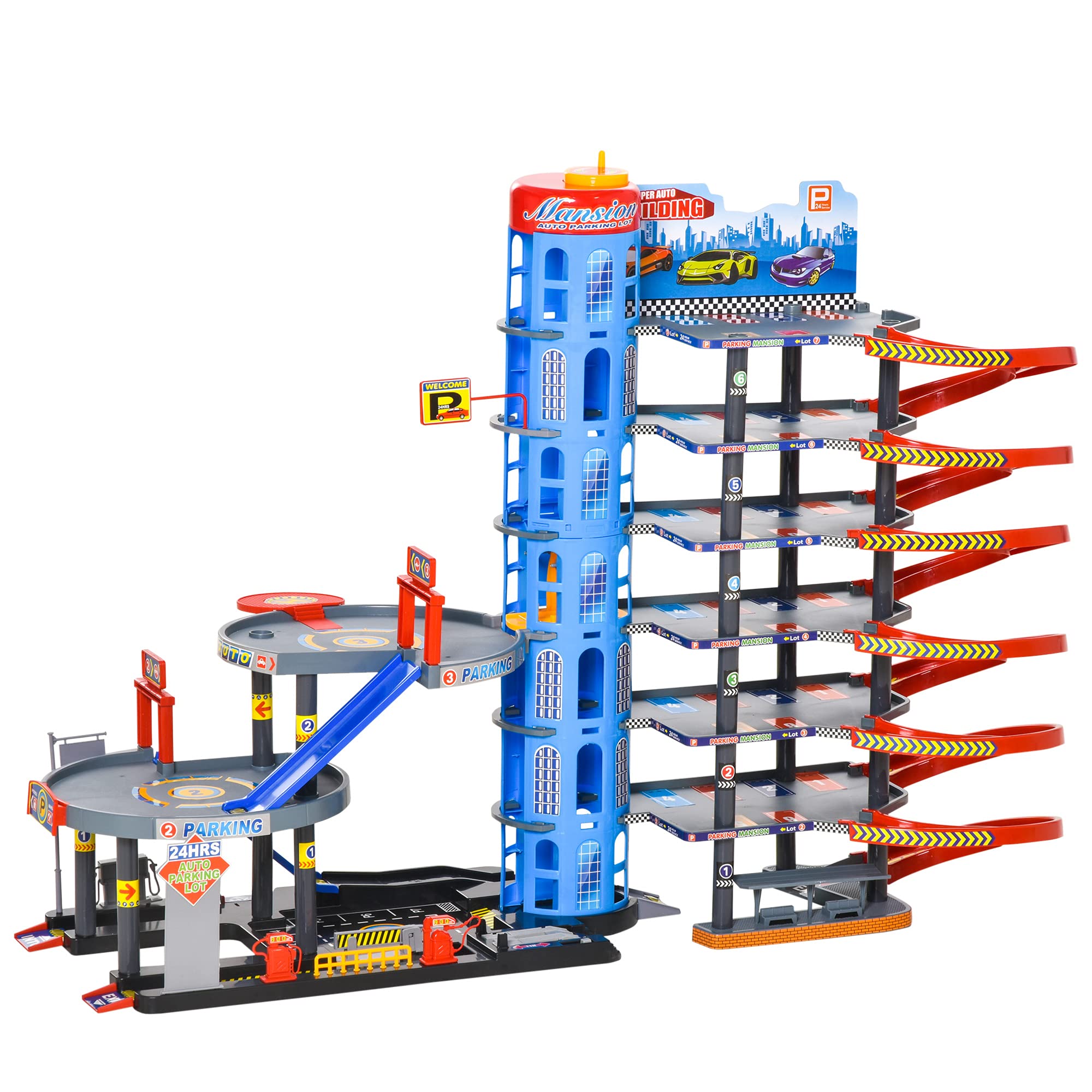 Qaba 7-Level Car Parking Garage Toy Race Tracks Car Ramp Set Toddler Car Games 96PCS w/Cars & Helicopter Elevator Gas Station Car Repair Station for 3-6 Years Old