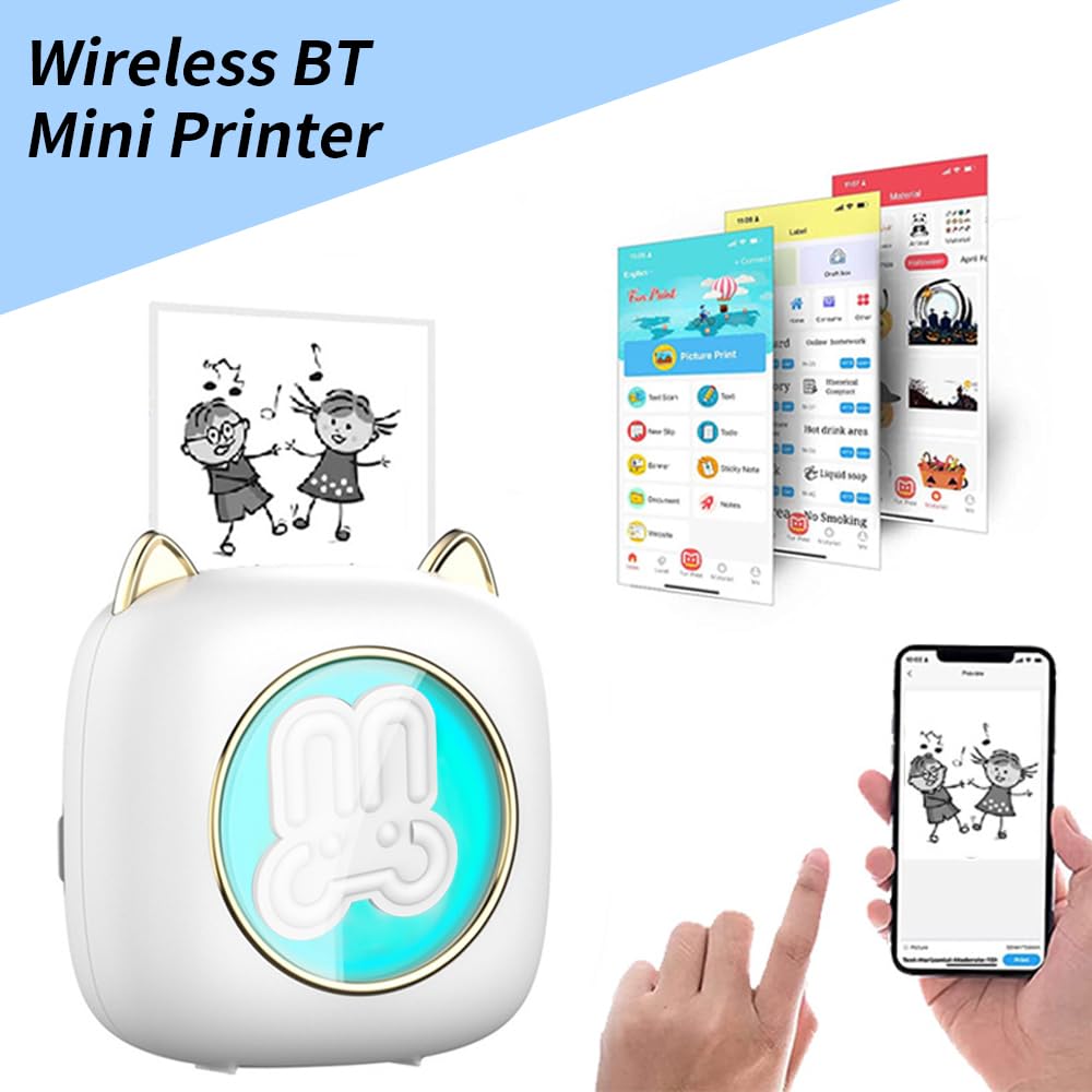 HASDSAGY Mini Portable Printer, Bluetooth Smart Pocket Inkless Sticker Printer with 10 Roll Papers, Wireless Thermal Printer Compatible iOS & Android for Study, Journal, Memo, Travel (Bunny)