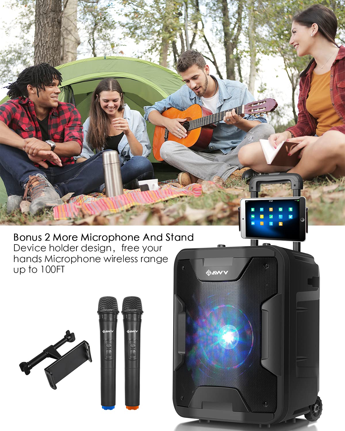 Karaoke Machine for Adults, Wireless Portable PA System Bluetooth Karaoke Speaker with 8" Subwoofer, 2 Wireless Microphones, Disco Ball Light for Christmas Singing Party Home Karaoke Outdoor