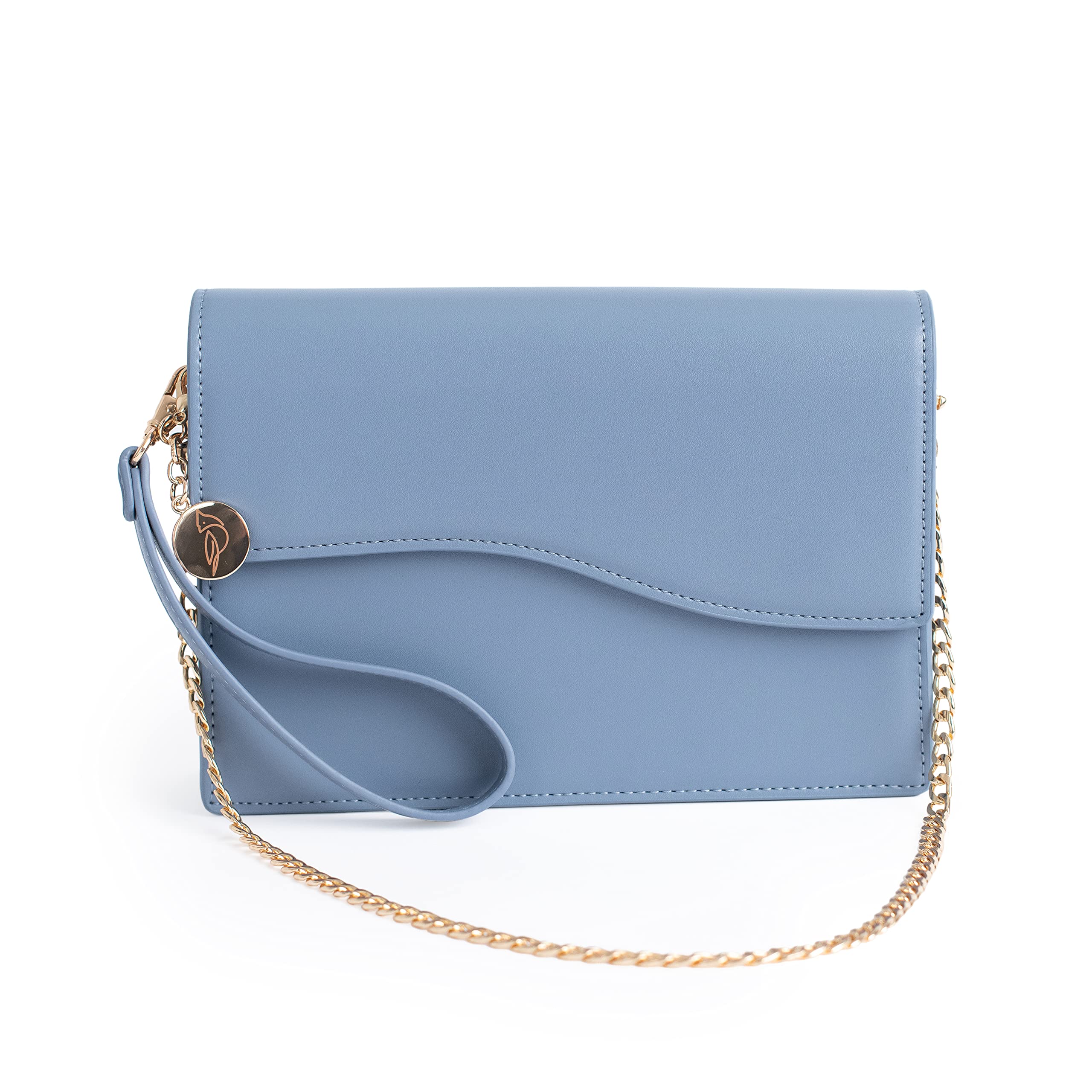 Kardinal Fashions Blue Clutch Purse for Women, Designer Handbag, Vegan Leather Fashion Envelope Style Hand Bag w/Wristlet Strap and Gold Crossbody Chain from (Arctic Powder Blue)