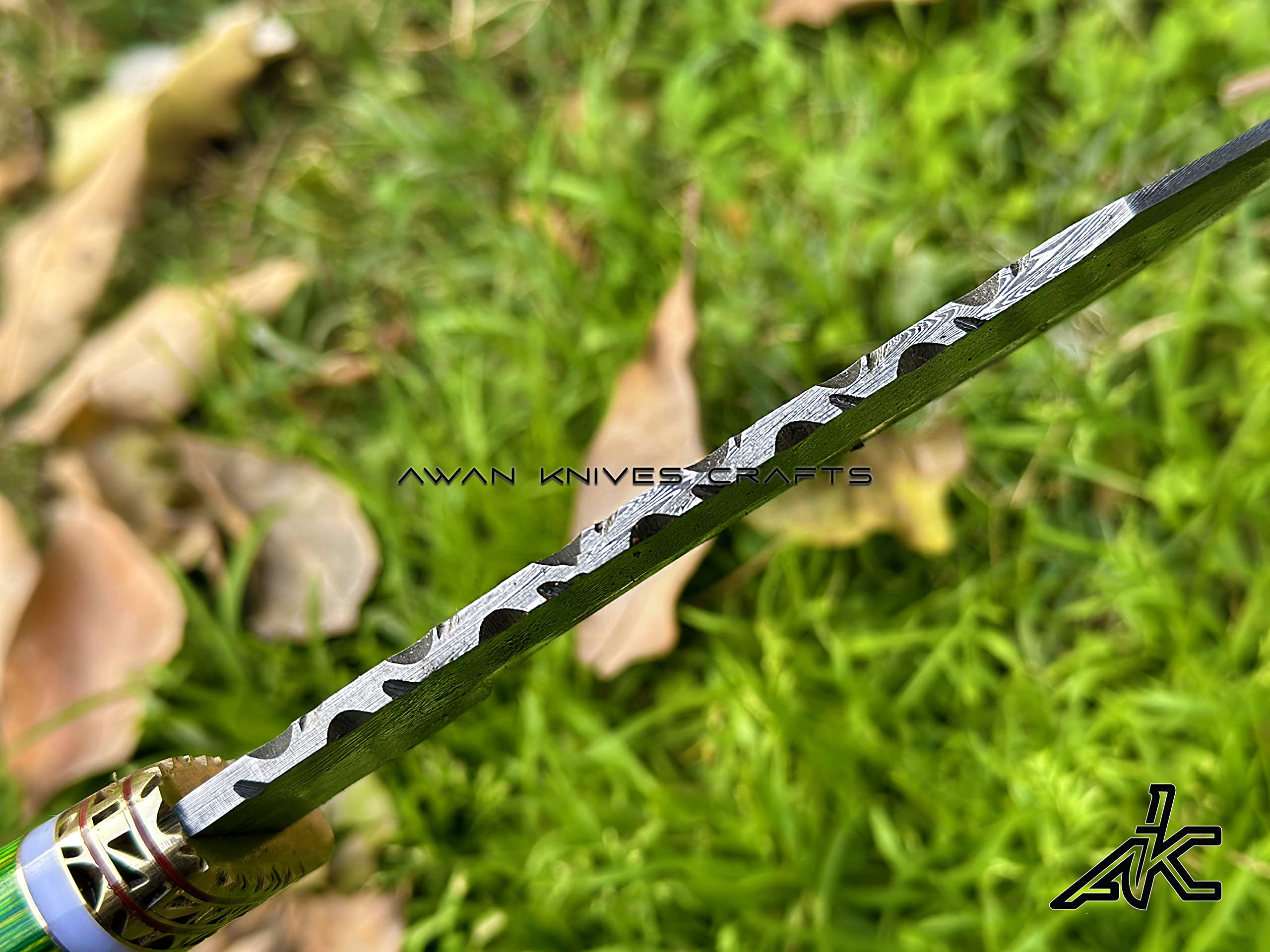 Awan Knives Crafts - 12" Handmade Damascus Hunting Knife with Sheath - Unique Fixed Blade Knife for Men - Exotic Wood Handle - Choose Your Color (Green)