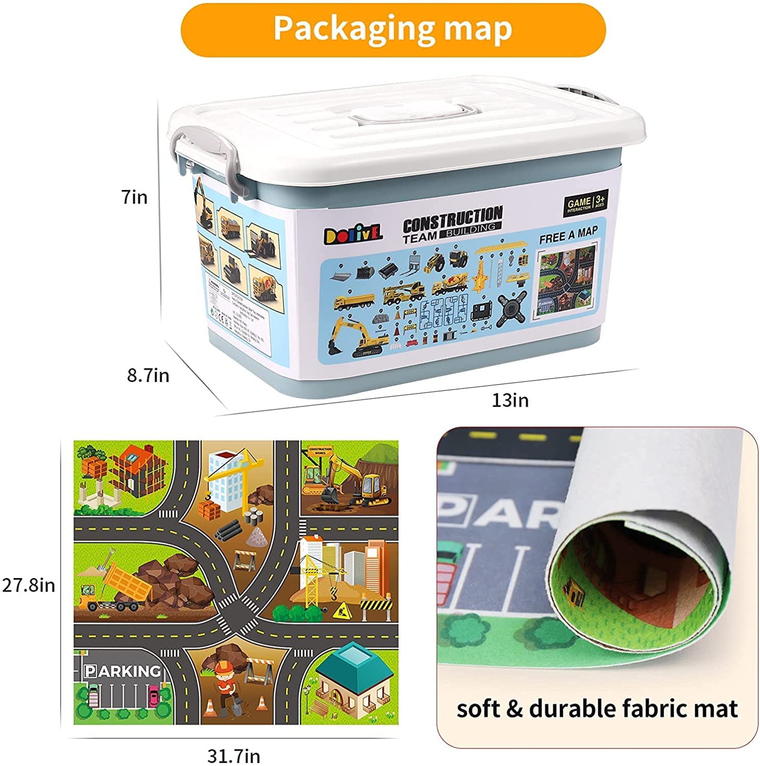 PANITU Construction Truck Toy Set with Game Mat and Storage Bucket, Kids Engineering Cargo Transport Vehicles Site Playset, Tractor, Crane, Dump Trucks, Excavator, Gift for 3 + Toddlers Boys Children
