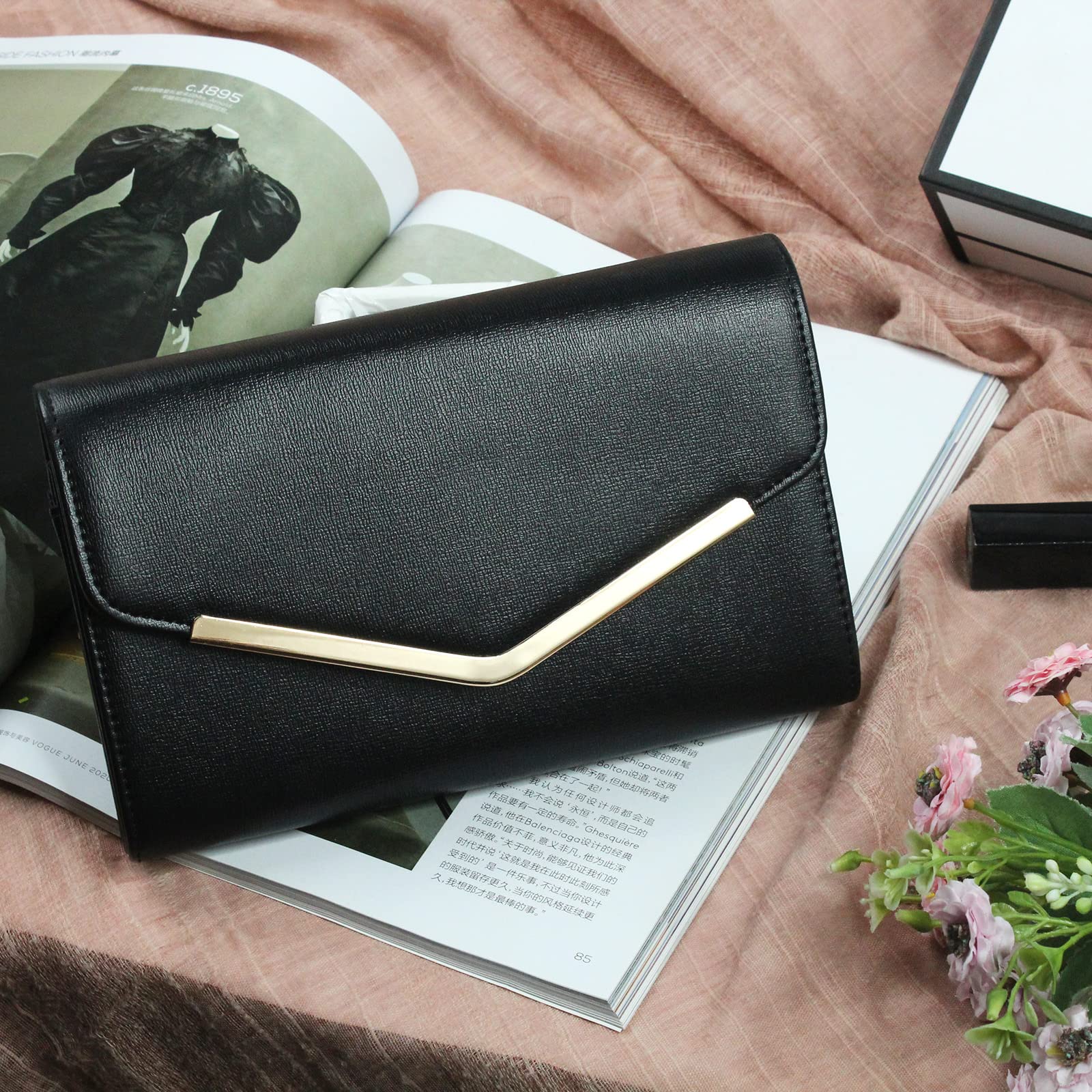 Autumnwell Clutch Purse Evening Bag for Women,Black Envelope Handbag With Detachable Chain for Wedding and Party