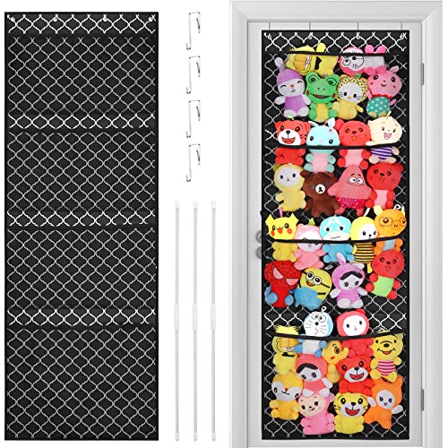 KOHUIJOO Stuffed Animal Storage, Stuffed Animal Holder, Over Door Hanging Mesh Storage Organizer Net Bags for Stuffed Animals Baby Toy Plush Storage for Nursery and Kids Room with Support Rods(Black)