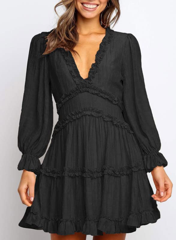 Dokotoo Womens Cute Spring Summer Casual Sexy Deep V Neck Ruffle Chiffon Lantern Long Sleeve Elegant Boho Hawaiian Flowy Mini Short Skirt Dresses for Women Party 2023 Black Small