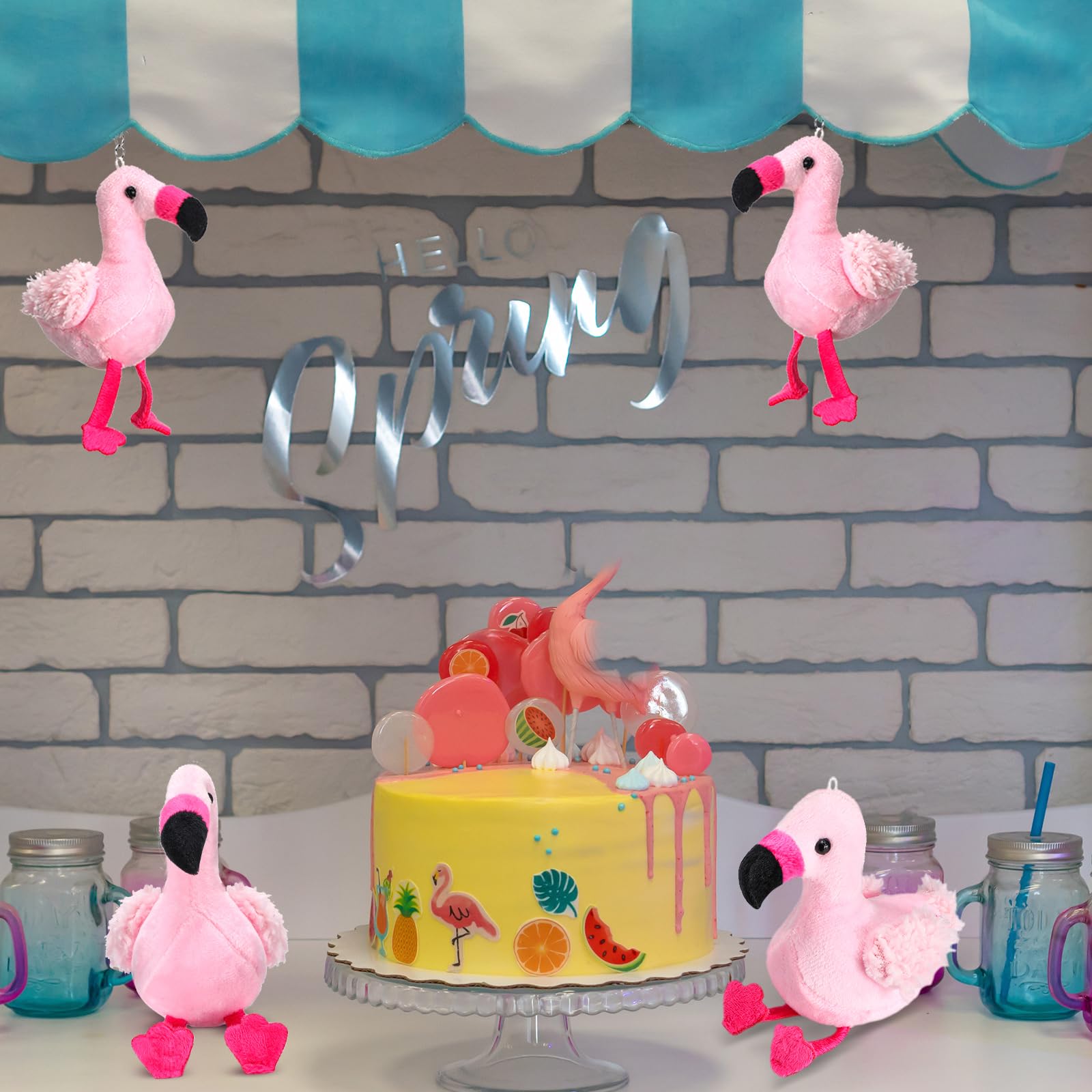 Jexine 9 Pieces Mini Stuffed Animal Plush Stuffed Doll Cute Small Stuffed Animal Hanging Ornaments Party Supplies Favors for Gifts Hawaiian Summer Beach Luau Party 5 Inch(Flamingo)