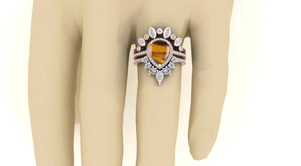 Beautiful Natural Cabochon Tiger's Eye Engagement Ring Set, Antique 3Pcs Wedding Ring Set For Bride, Vintage Halo Ring Set,Gift For Birthday (ROSE GOLD, 7)