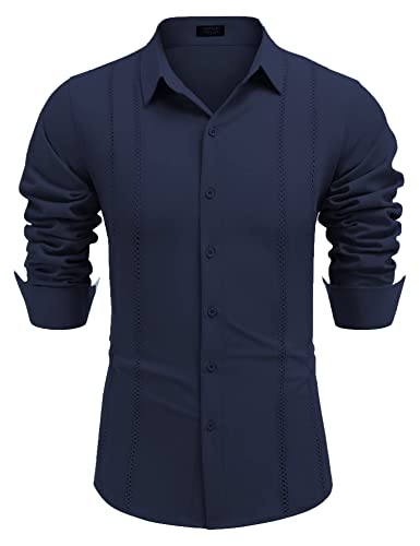COOFANDY Men's Cuban Guayabera Shirts Casual Long Sleeve Button Down Shirt Summer Beach Tops Navy Blue