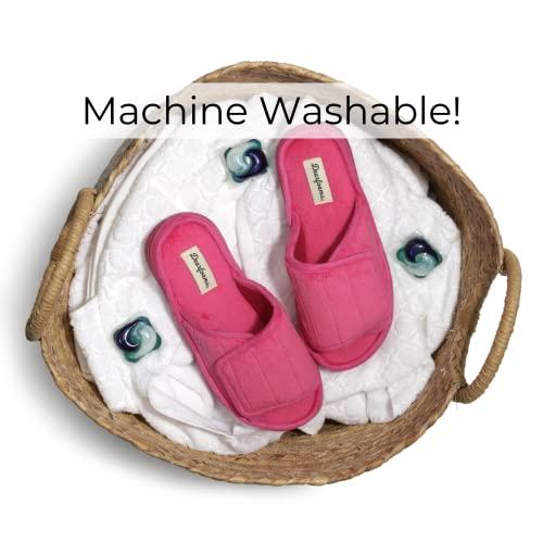Dearfoams Women's Adjustable Indoor/Outdoor Machine Washable Memory Foam Slide Slipper, Paradise Pink Terry, 7-8
