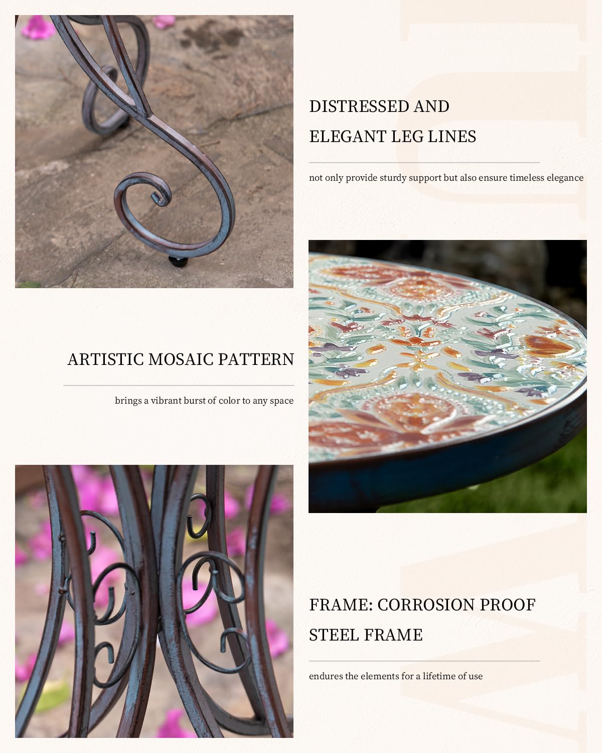 Frstem Mosaic Patio Table and Plant Stand, Outdoor Side Table for Patio with 14" Ceramic Tile Top, Weather Resistant Metal Round End Table Accent Table for Yard Porch Balcony Garden Bedside, Blossom