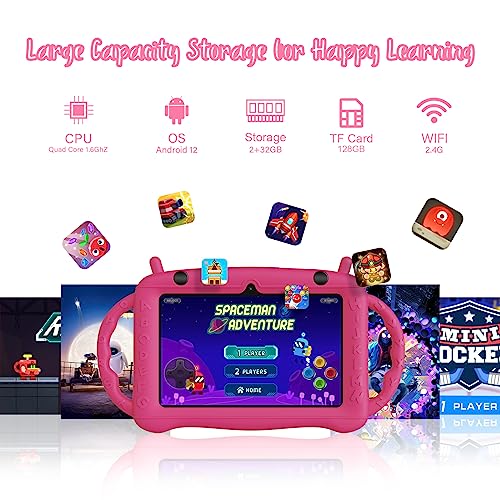 Kids Tablets 7in Android 11 Tablet for Kids Age 3-12,Quad Core 2GB RAM 32GB ROM Toddler Tablet with Shock-proof Case,Parental Control, Pre-installed Kids Educational APP,HD Screen,Dual Camera(Red)