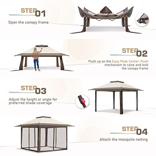 EAGLE PEAK 13x13 Pop-Up Gazebo Tent Instant w/Mosquito Netting,Outdoor Gazebo Canopy Easy Set-up Folding Shelter (Beige/Brown)