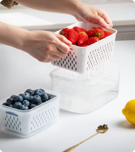 COCOYA 5-Pack Large Fruit Containers for Fridge, Leakproof Produce Storage Keeper with Removable Colander Food Grade BPA FREE Keep Vegetables Berry Veggies Lettuce Apple Banana Meat Food Fresh Longer