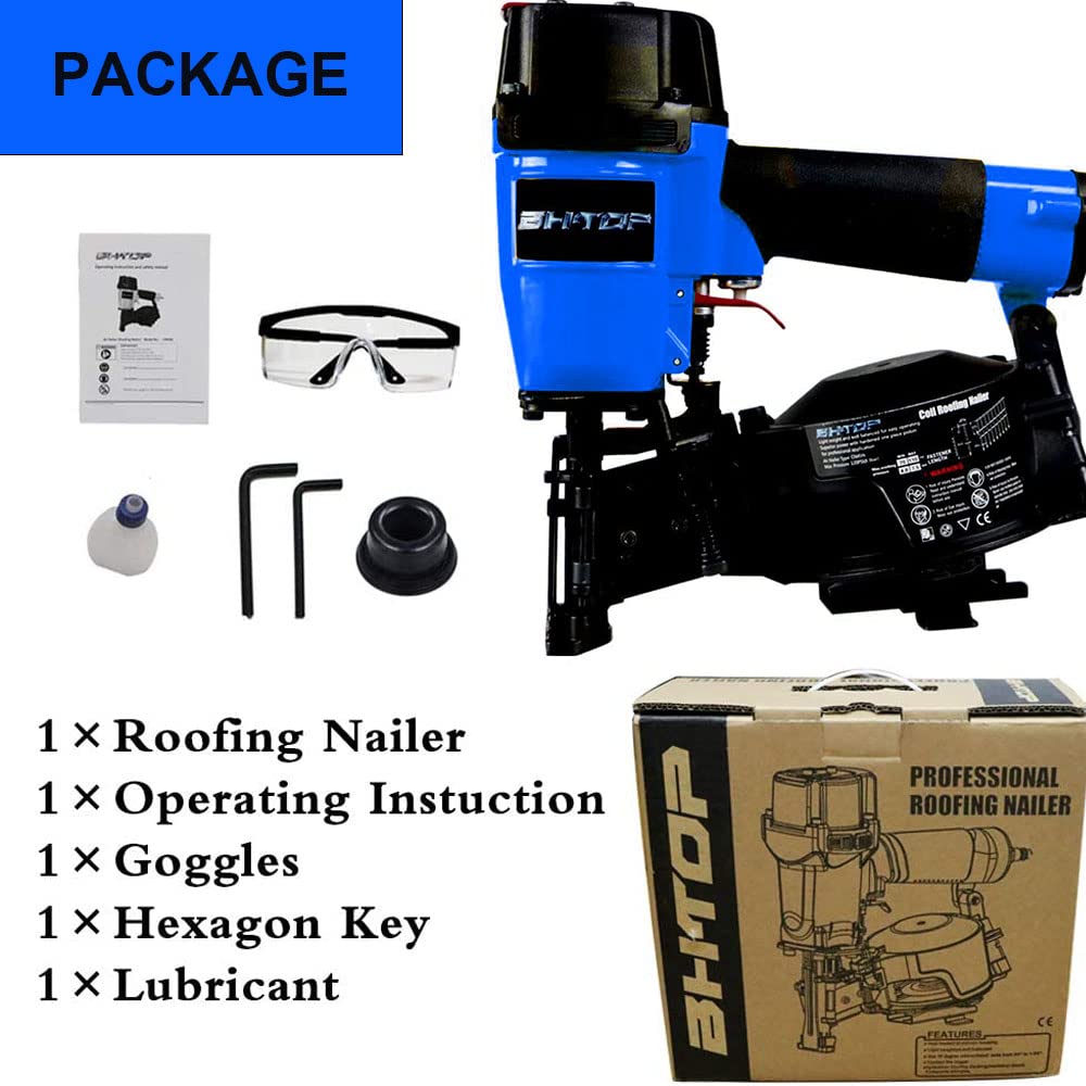 BHTOP CN45N Roofing Nailer, 15 Degree Roofing Nail Gun, 3/4-Inch to 1-3/4-Inch Coil Nails, 120-pcs Load Capacity Coil Nailer in Blue