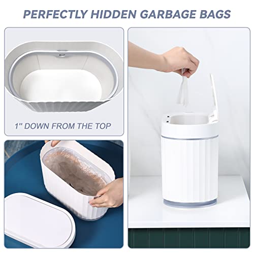 ELPHECO Mini Desktop Trash Can with Lid, Small Slim Automatic Garbage Can, 1.3 Gallon Motion Sensor Countertop Waste Basket for Bedroom, Office, Bathroom, White with Grey Trim