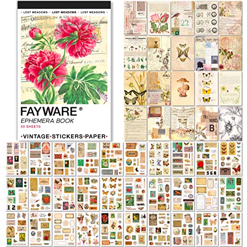 FAYWARE Vintage Washi Stickers for Journaling - Ephemera Sticker Book for Journaling with 414 Vintage Stickers & 20 Scrapbook Papers. Junk Journal Supplies, Scrapbooking Supplies for DIY Paper Crafts