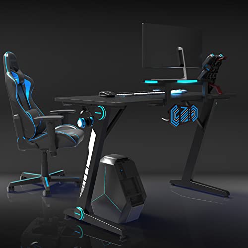 JOY worker RGB Gaming Desk 47 Inch with Led Lights, Music Sync Computer Gamer Desk, Carbon Fiber Surface PC Gaming Desk with Monitor Stand, Ergonomic Z Shaped Gaming Table with Plug Board Holder,Black