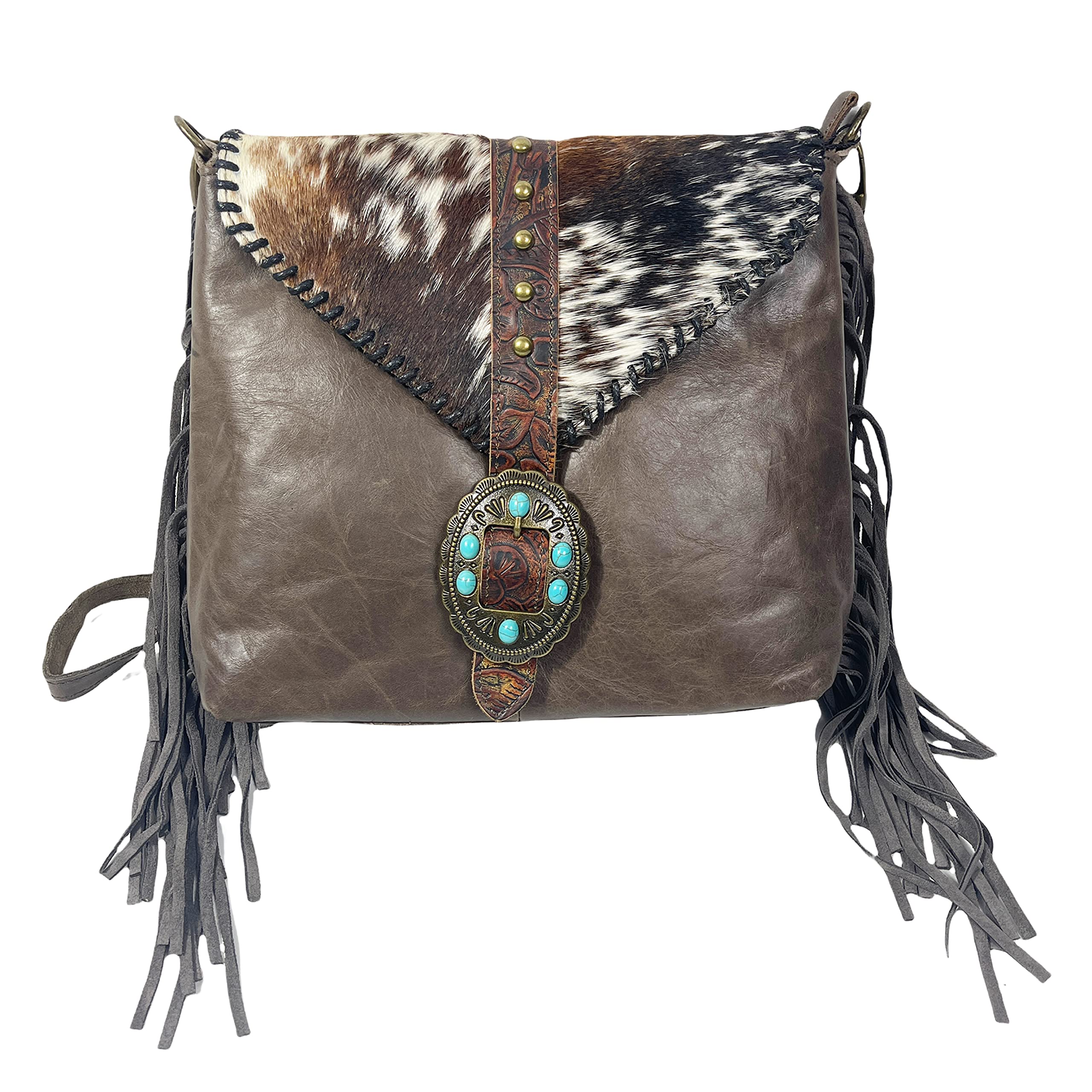Urbalabs Western Crossbody Fringe Buckle Cowhair Leather Messenger Teal Stone Tooled Tote Bag Hand Stitched Purses (Dark Brown)