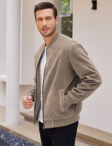 COOFANDY Mens Varsity Bomber Jacket Casual Lightweight Jackets Vintage Suede Coat, A-khaki, Large