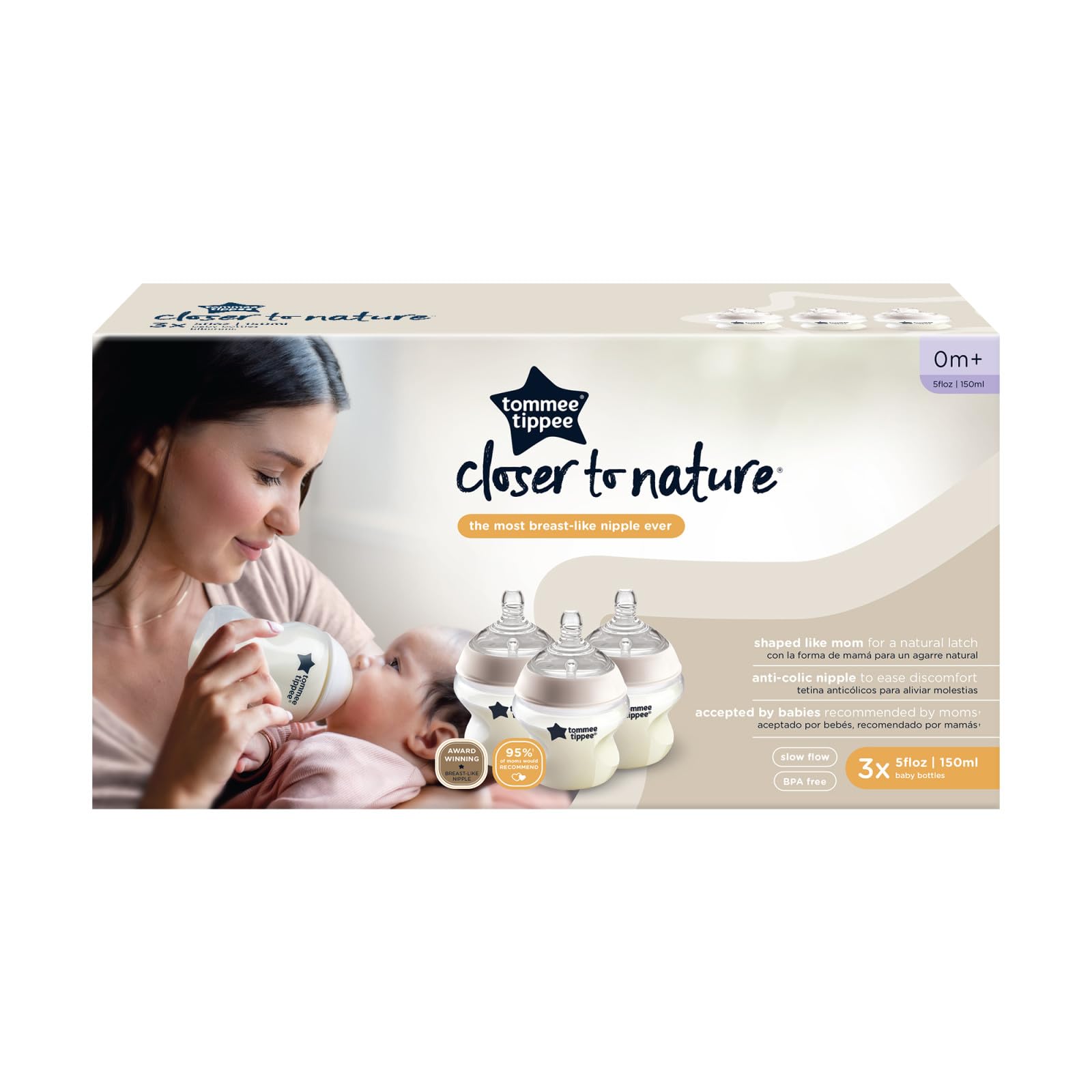 Tommee Tippee Closer to Nature Baby Bottles, Breast-Like Nipples with Anti-Colic Valve, 5 oz, 3 Count