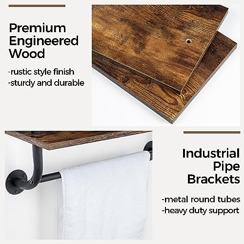 FLYJOE 2 Tier Bathroom Shelves with Towel Bar, Rustic Wall Mounted Industrial Pipe Shelving, Floating Shelves for Wall Decor & Storage for Bathroom Kitchen Living Room 23.6 x 16 Inch - Rustic Brown