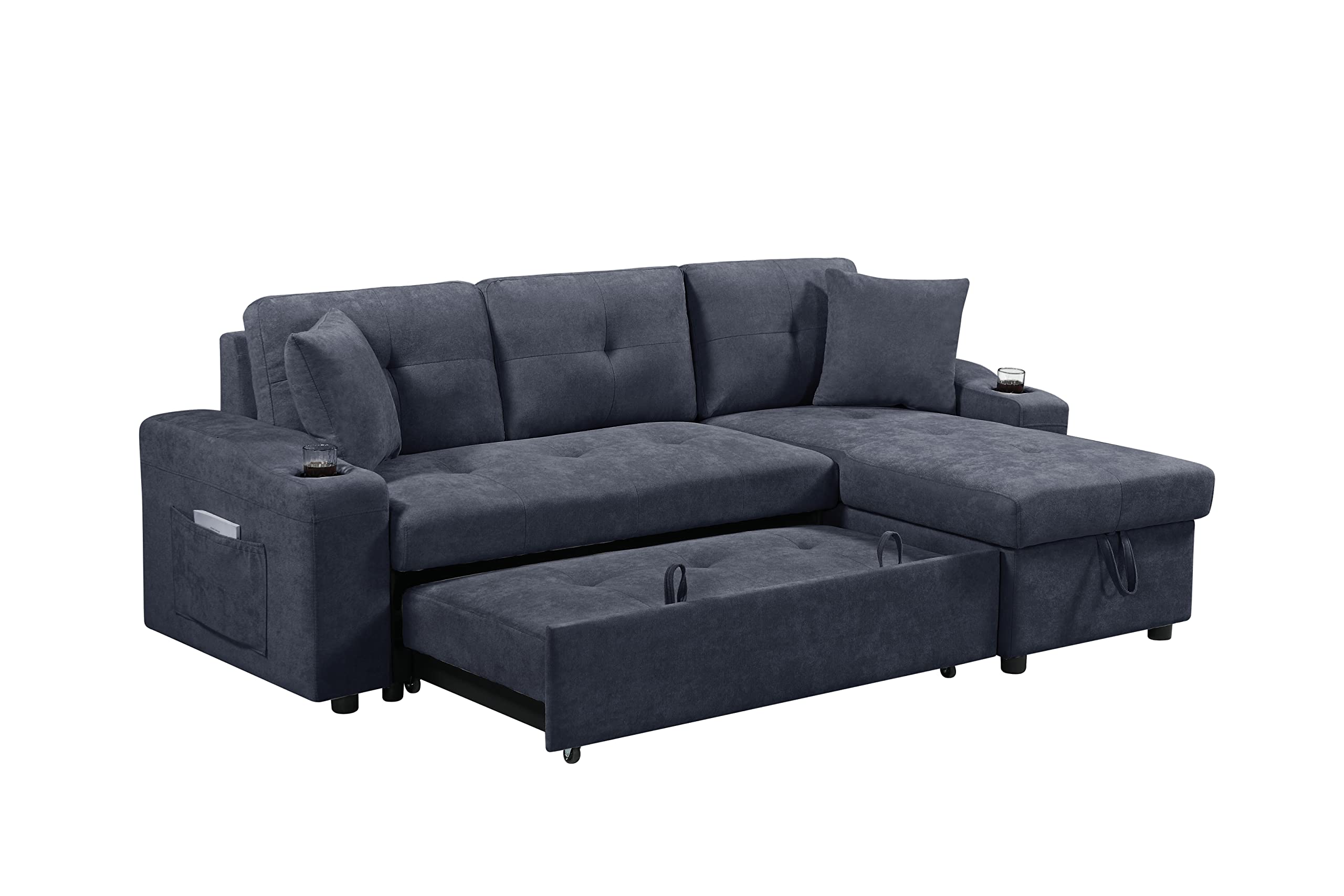 BIADNBZ Sectional Sofa Sleeper with Pull Out Bed and Reversible Chaise Lounge, Modern L-Shaped 3-Seat Couch SofaBed with Cupholders, Pillows & Side Pockets Storage, Dark Gray